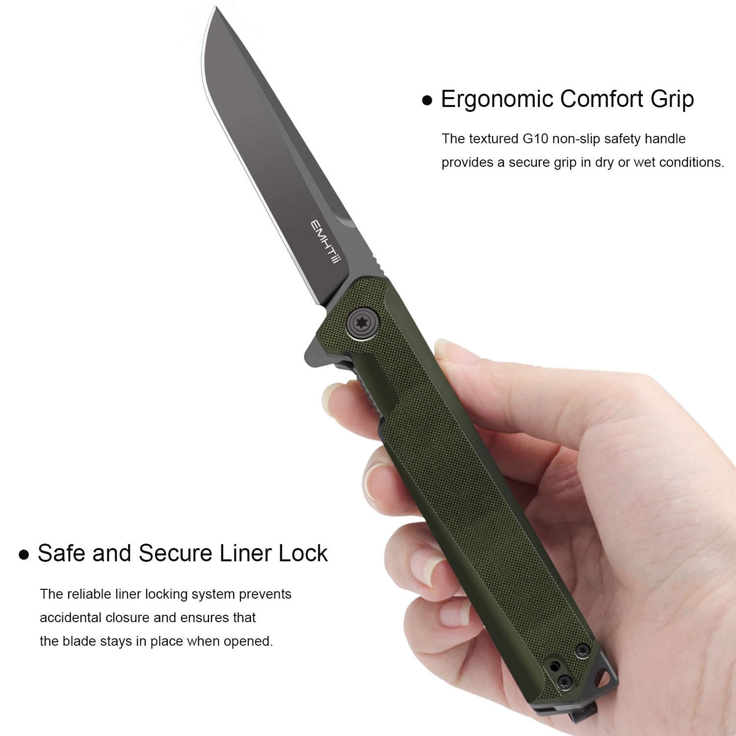 EMHiii Flipper Pocket Folding Knife: 3.54" D2 Steel Black Blade, G10 Scales, Slim EDC Knives with Reversible Deep Clip for Men and Women,Green