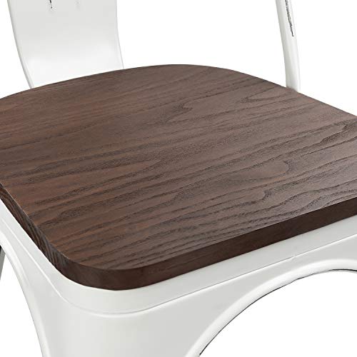 Furniwell Metal Dining Chairs with Wood Seat, Indoor Outdoor Use Stackable Tolix Industrial Metal Chairs Set of 4 for Kitchen, Dining Room, Bistro and Cafe (White)