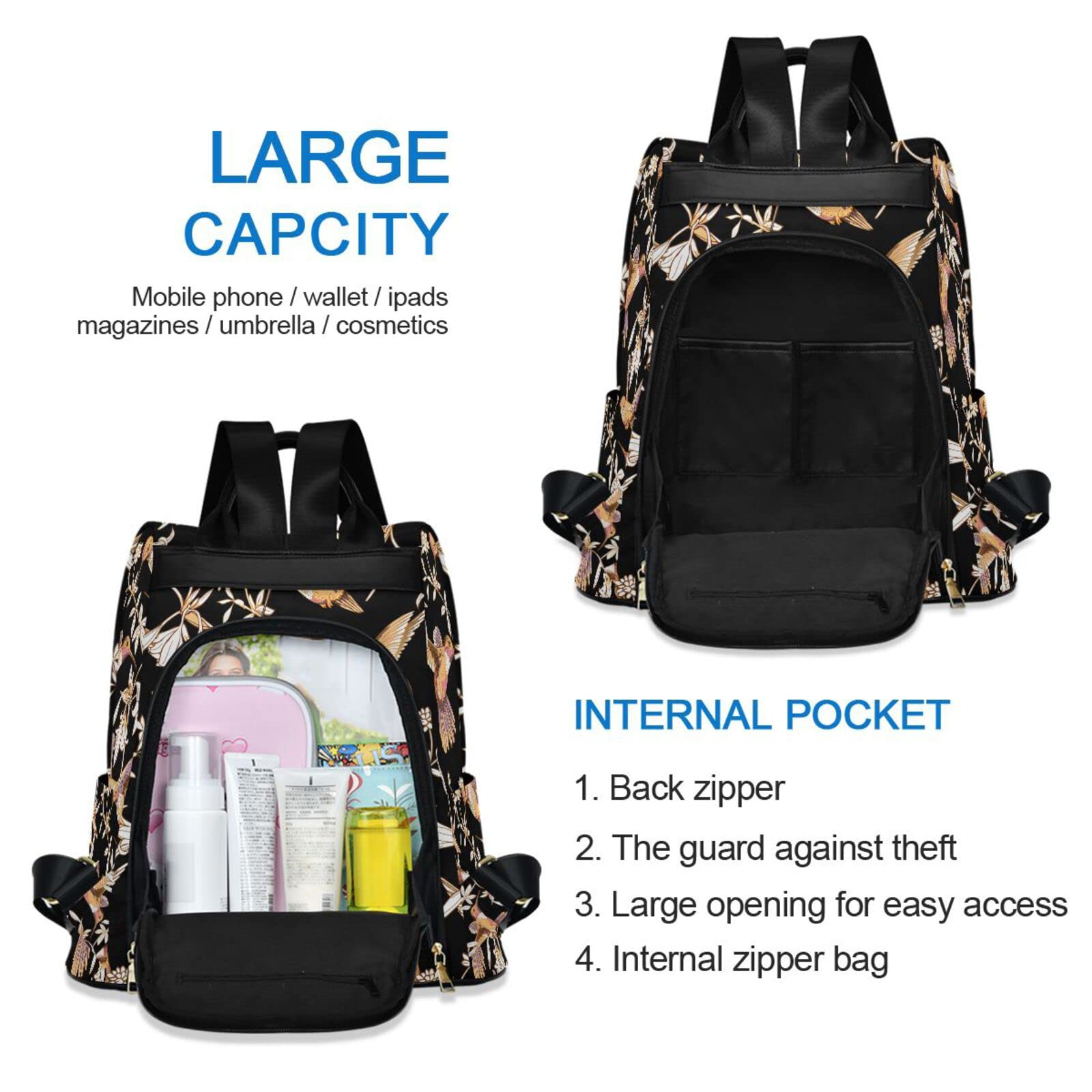 Fustylead Floral Gold Hummingbirds Flowers Backpack Purse for Women Anti Theft Fashion Back Pack Shoulder Bag