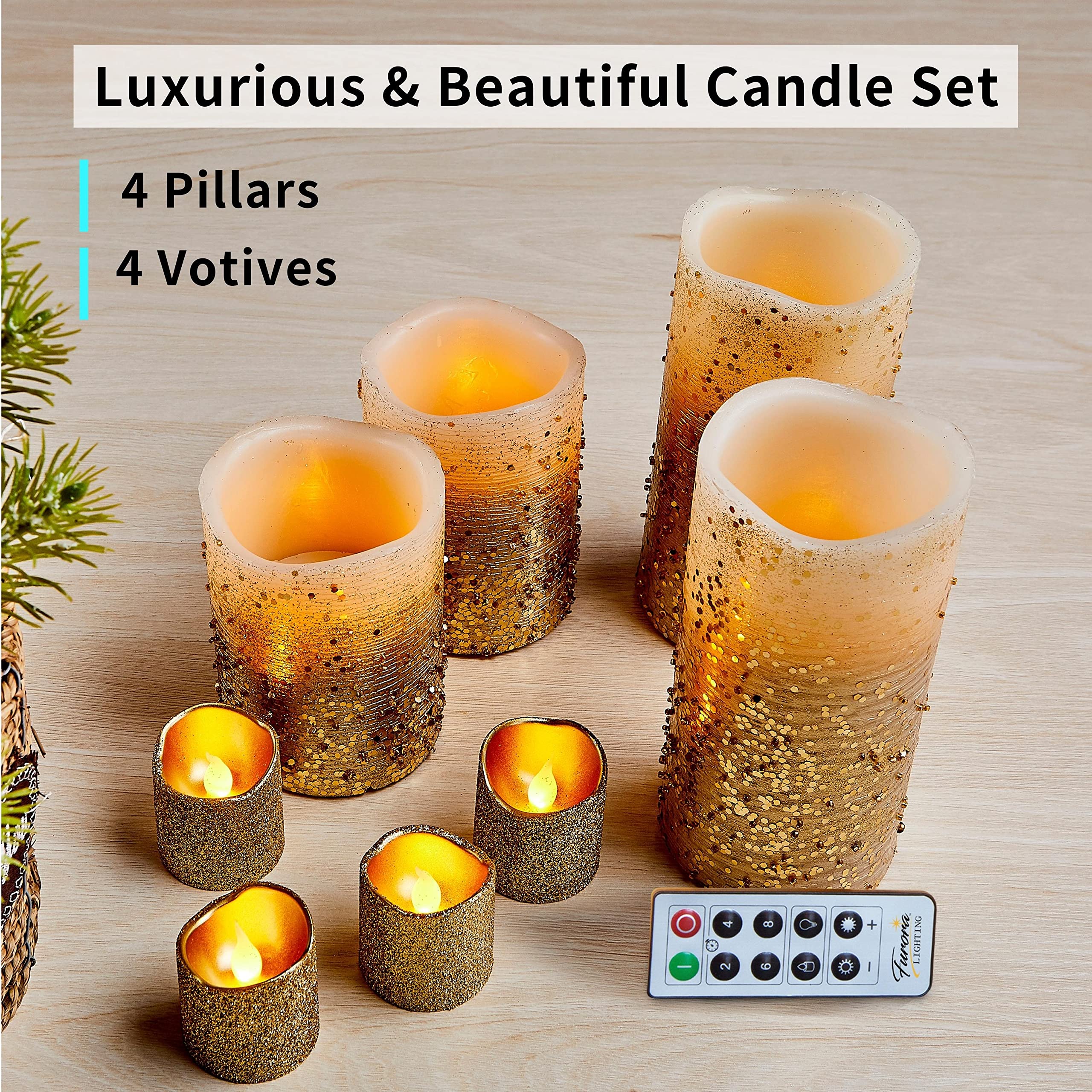 FURORA LIGHTING Gold Glitter Real Wax Candles with Remote and Timer, 4 Pillars and 4 Votives Pack of 8, LED Flameless Flickering Candles for Home Décor, Battery Included