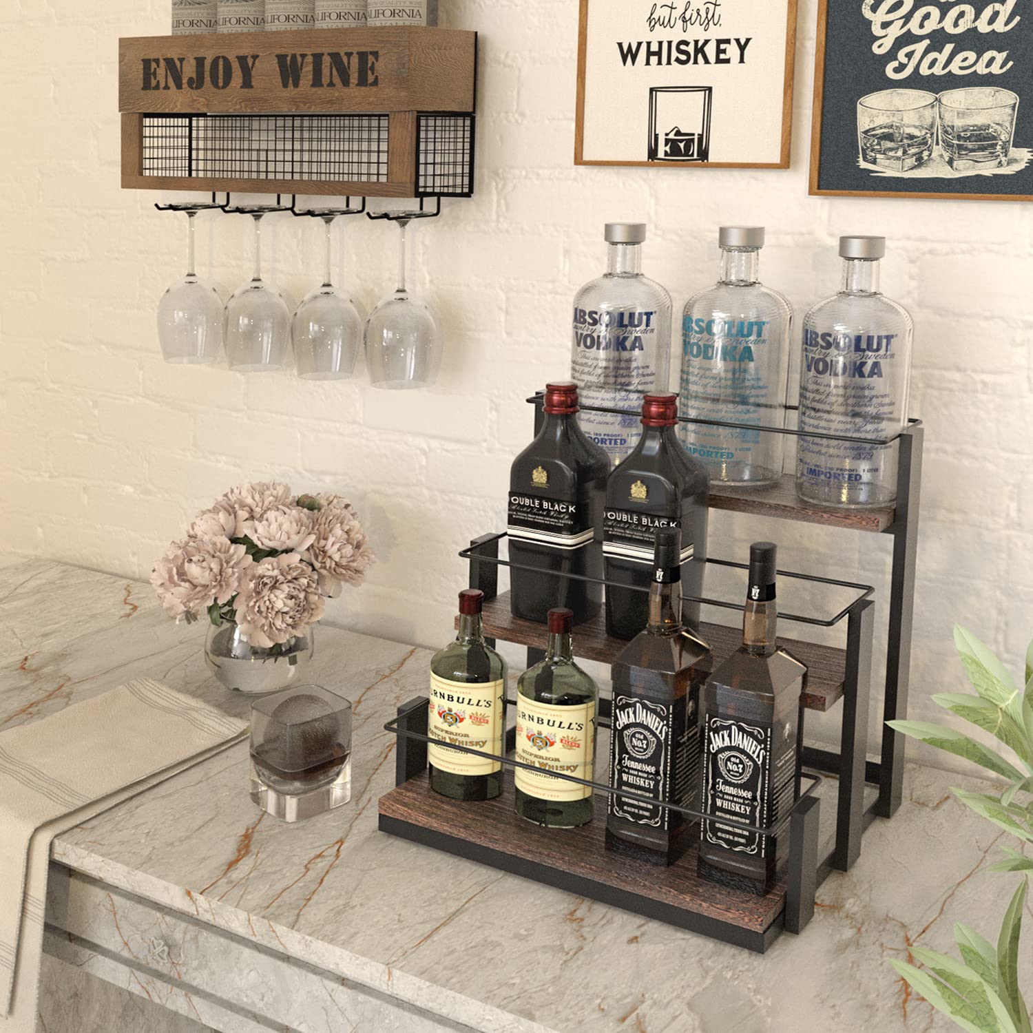 J JACKCUBE DESIGN Coffee Syrup Organizer Rack, Rustic Wood and Metal Wire, 3-Tier 12 Bottles Compartment Display Holder Coffee Station Bar Accessory for Syrup, Wine, Dressing(Black) - MK815A