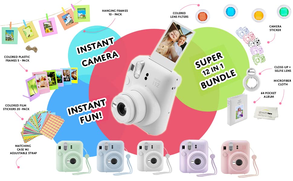 Fujifilm Instax Mini 12 Instant Camera with Case, 60 Fujifilm Prints, Decoration Stickers, Frames, Photo Album and More Accessories (Clay White)