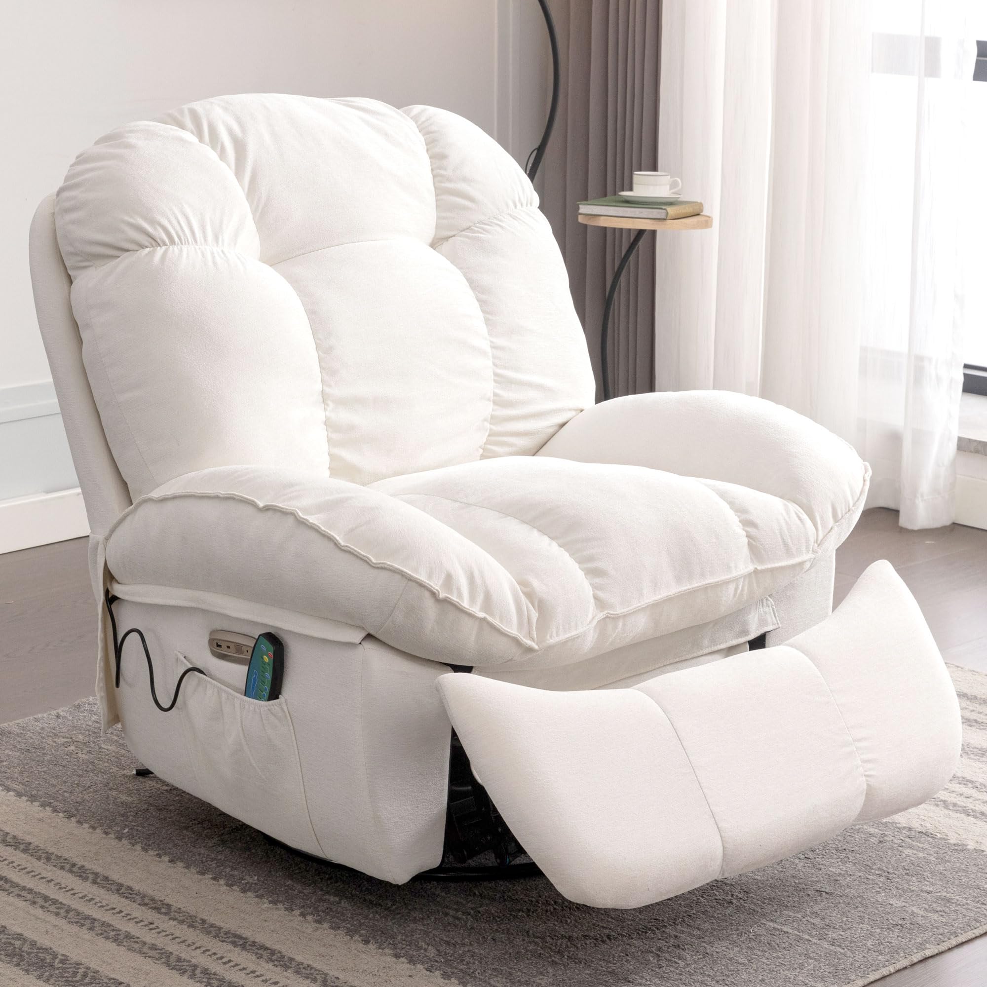 EDWELL Power Recliner Chair, Swivel Recliner Chair with Massage and Heated, Infinite Position, Electric Rocking Glider Reclining Sofa with USB, USB-C Ports for Living Room (White)
