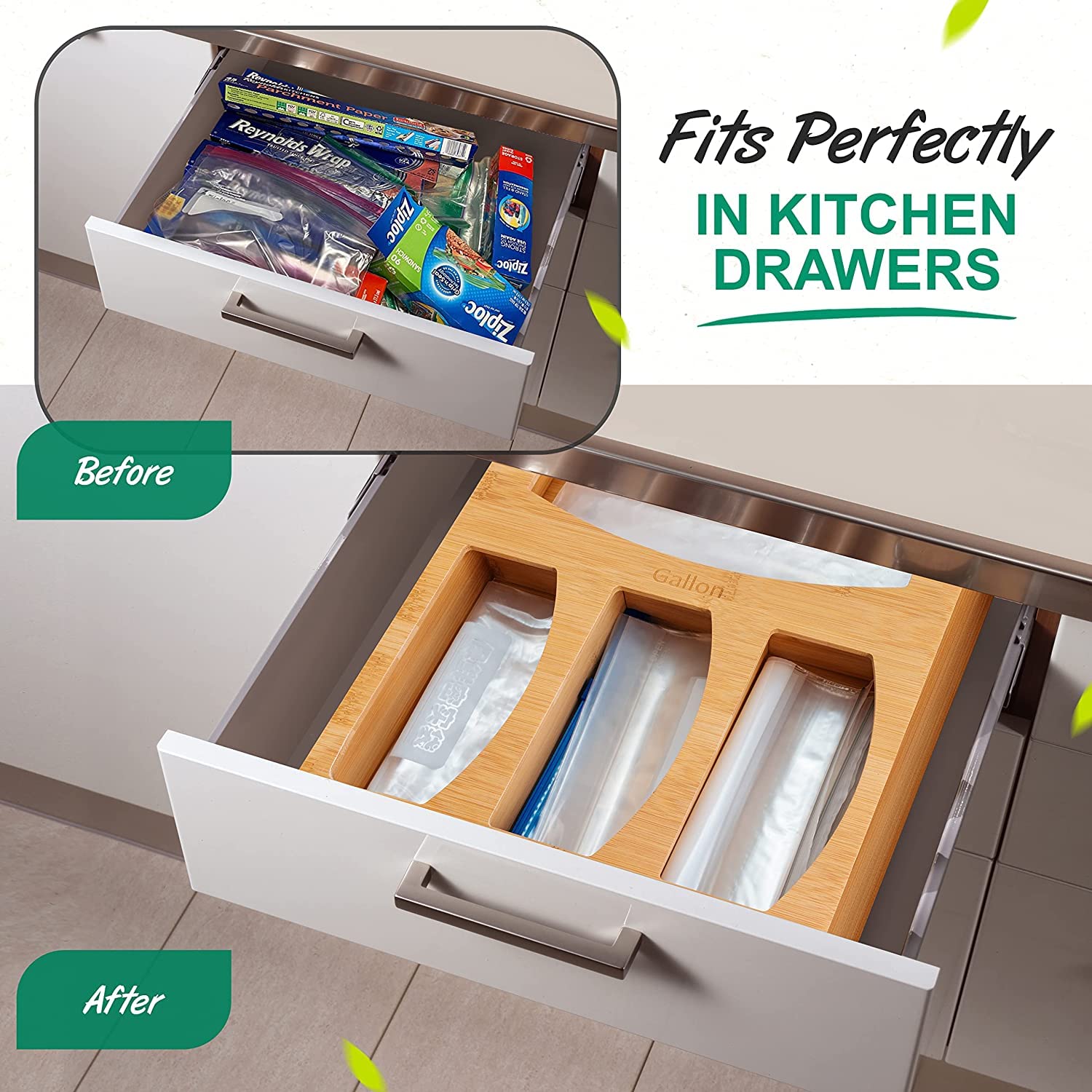 Ilberry Ziplock Bag Storage Organizer | Bamboo Ziplock Bag Organizer Designed to Fit Most Kitchen Drawer | Food Baggie Holder Suitable for Gallon, Quart, Sandwich and Snack Variety Size Bags
