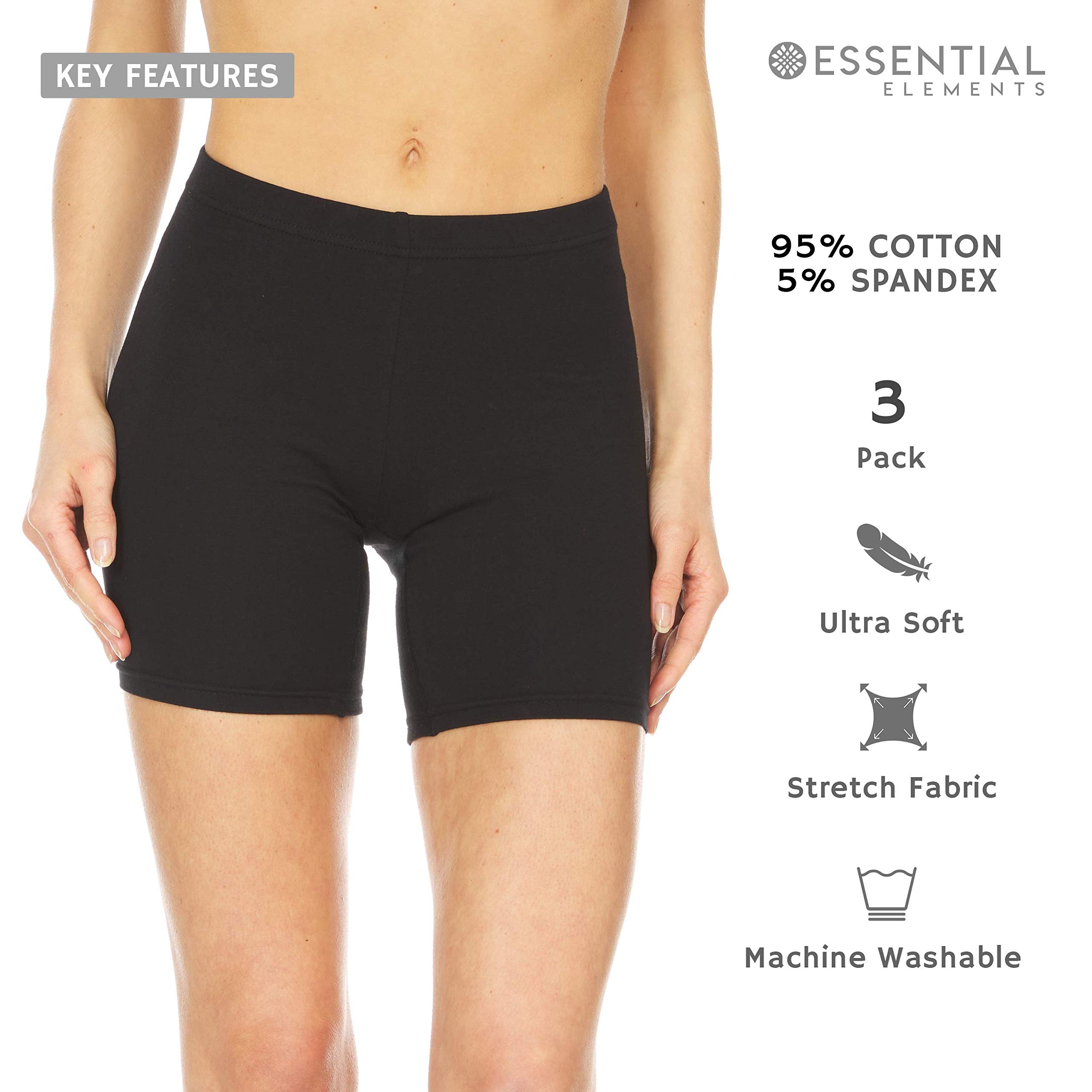 Essential Elements 3 Pack: Cotton Biker Shorts for Women - Stretch Bike Slip Yoga Exercise Undergarment Boxer Boy Shorts (Small, Black)