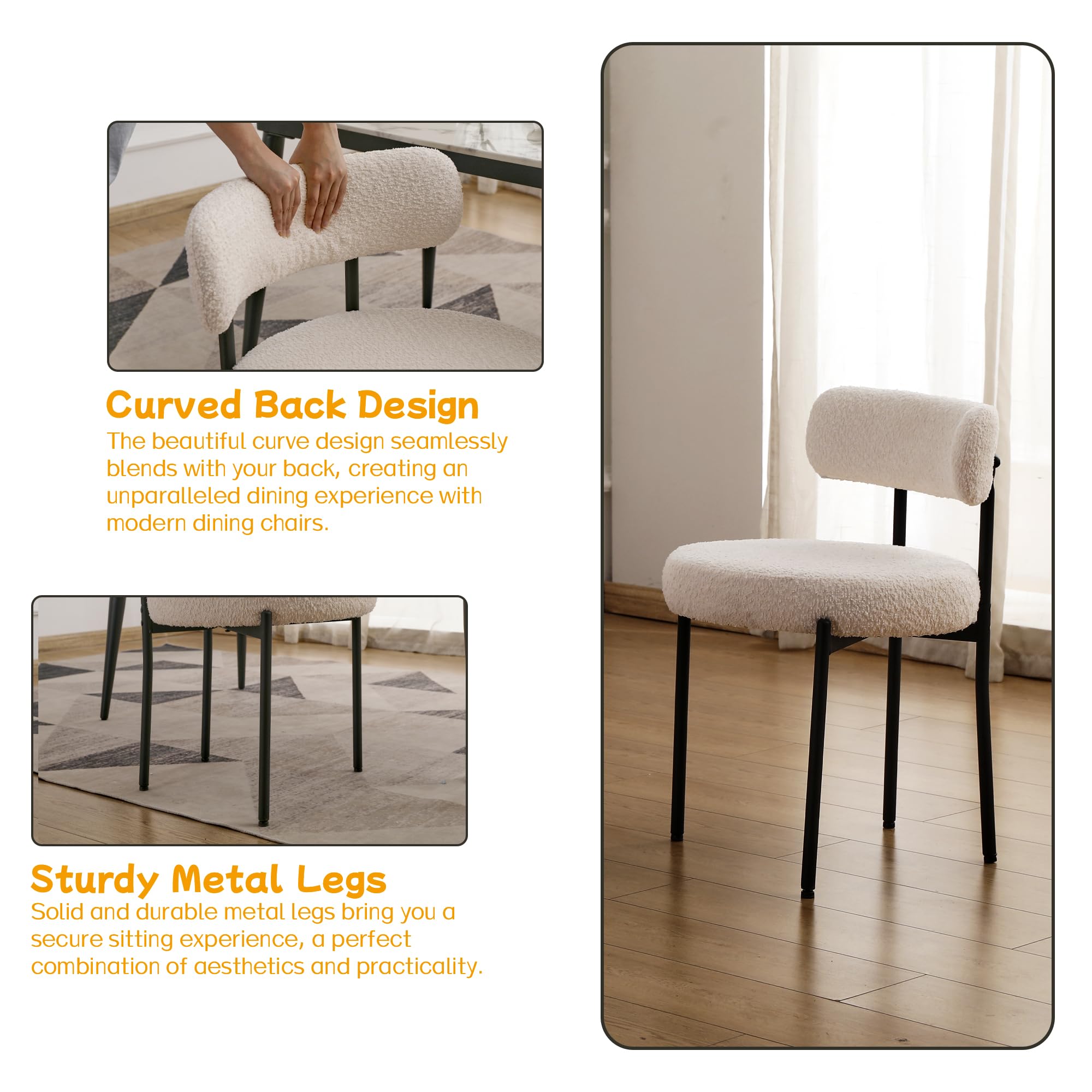 EDWELL White Dining Chairs Set of 2, Modern Dining Room Chairs Mid Century with 3.94" Cushions and Metal Legs, Round Upholstered Boucle Chairs for Kitchen, Living Room, Easy assembly