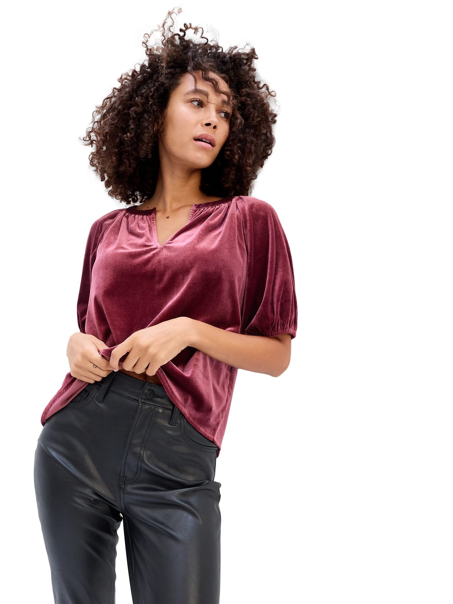 GAP Womens Short Sleeve Puff Sleeve Top Cherry Oak XL