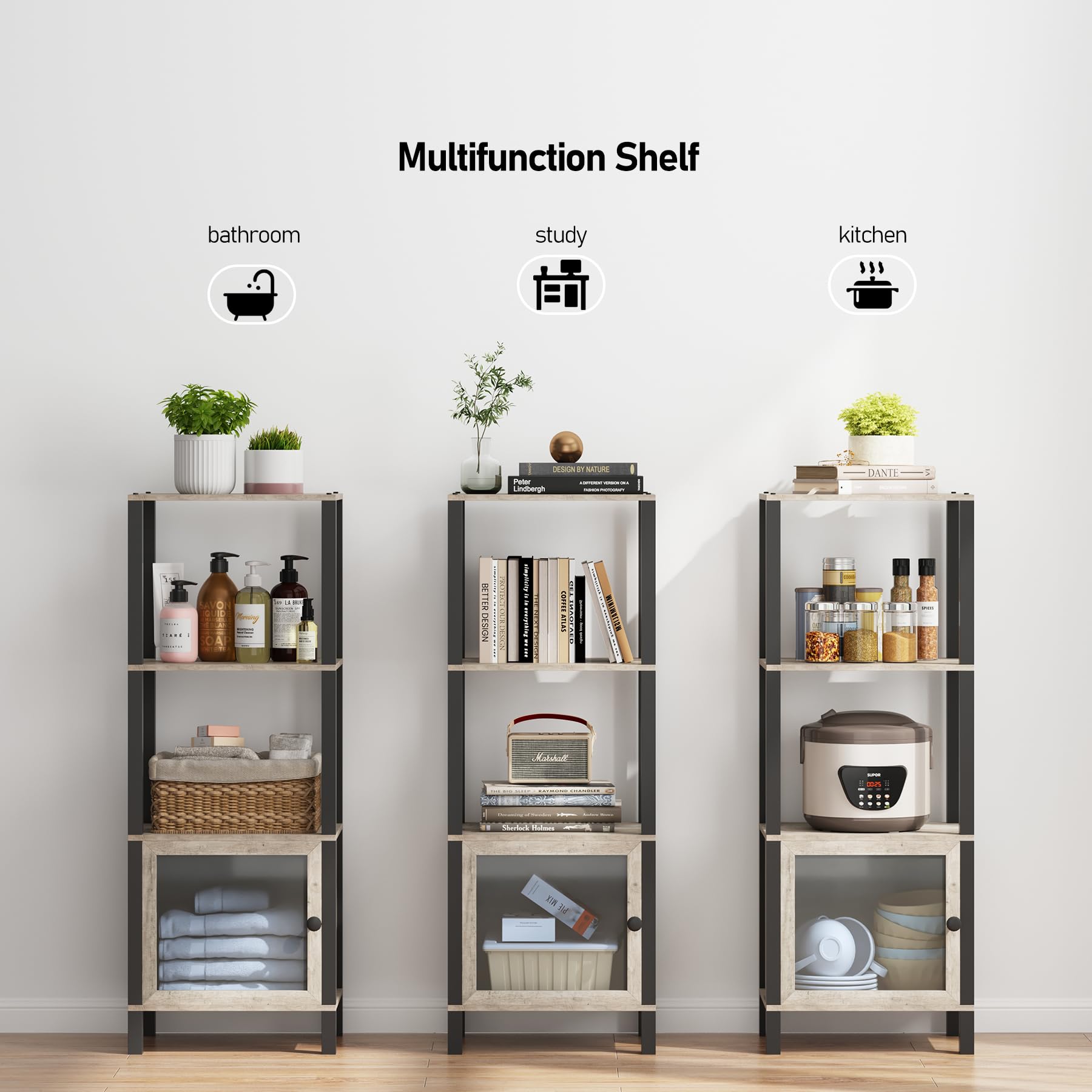 TUTOTAK 4 Tier Bookcase and Bookshelf, Narrow Book Shelf with Door for Small Space, for Living Room, Office, Study, Entryway, Greige BS03BG004
