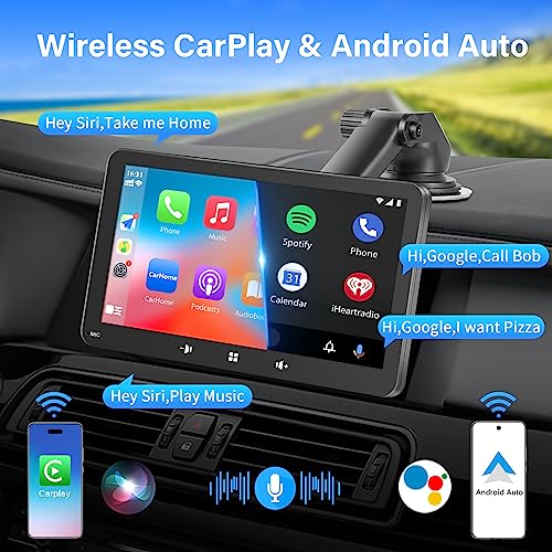 Portable Apple Carplay,Wireless Carplay and Android Auto,7'' Touch Screen Car Stereo,Car Radio with Backup Camera,Wireless AirPlay,Mirror Link,Bluetooth 5.0 Handsfree/FM/AUX/MIC/USB/TF