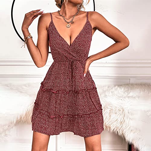 Formal Women's Summer Tiered Midi Dress Casual Boho Sleeveless Spaghetti Strap Flowy A Line Beach Sun Dresses Wine