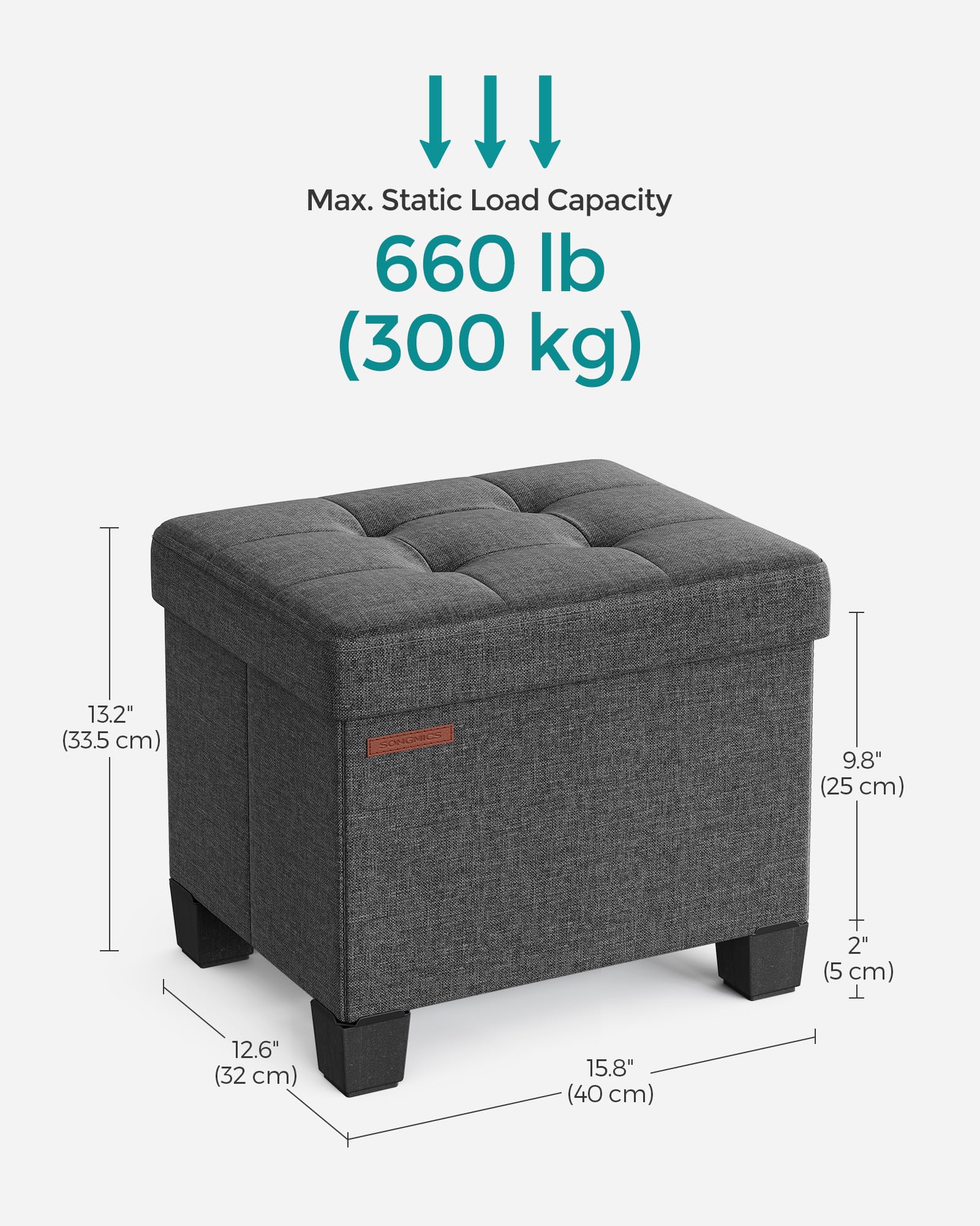 SONGMICS Storage Ottoman, Folding Storage Bench, Ottoman with Storage, Storage Ottoman Bench, for Living Room, Bedroom, 12.6 x 15.8 x 13.2 Inches, Dark Gray ULSF012G01