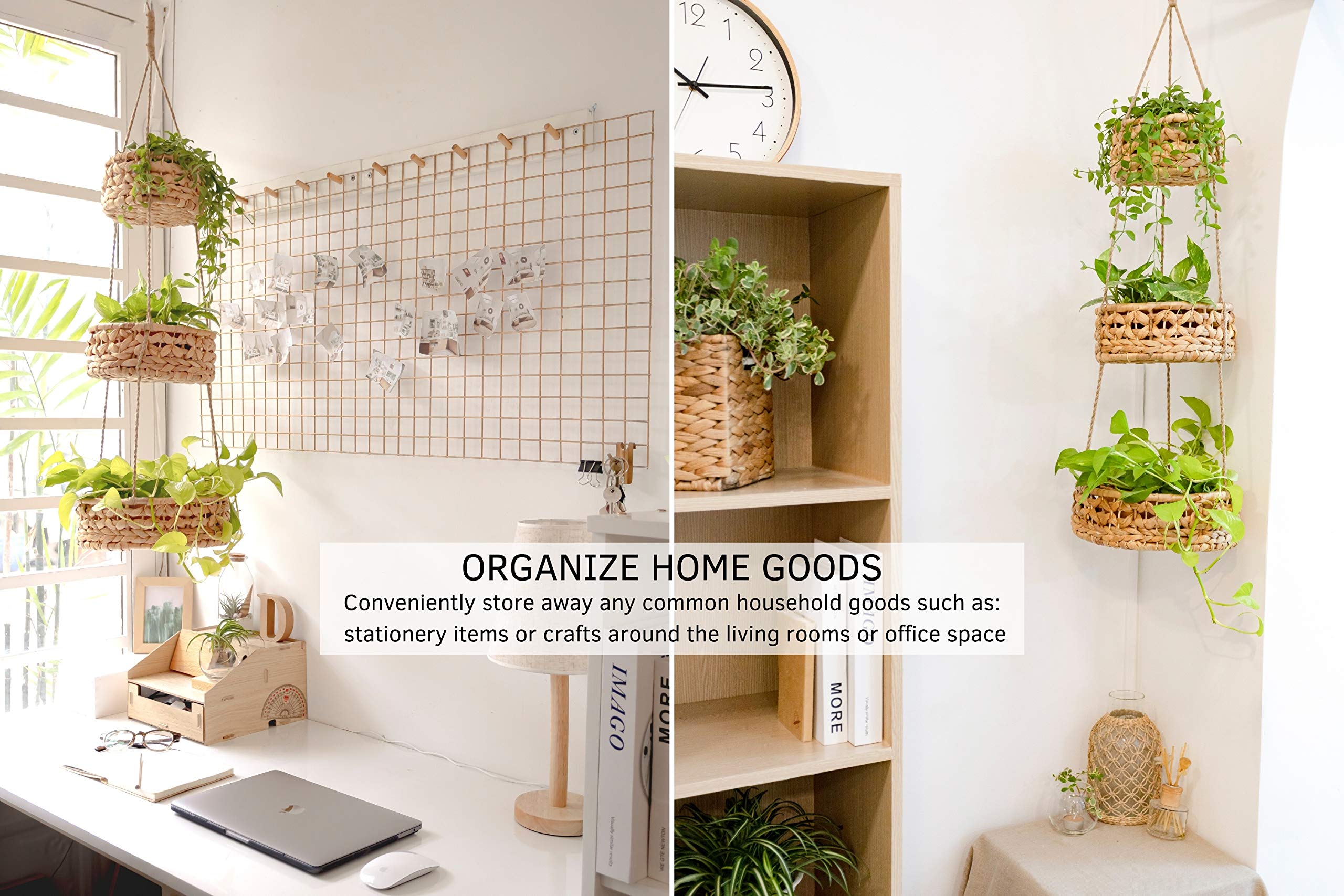 Hanging Fruit Basket 3 Tier for Kitchen, Handmade Natural Rattan Handwoven Wicker Seagrass Woven Wall Baskets Vegetable Organizer Produce Fruit Holder Counter Space Saver Storage Boho Hanging Planter