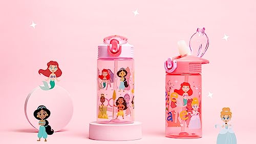 Zak Designs Kids Water Bottle For School or Travel, 16oz 2-Pack Durable Plastic Water Bottle With Straw, Handle, and Leak-Proof, Pop-Up Spout Cover (Disney 100 Princess, Limited Edition)