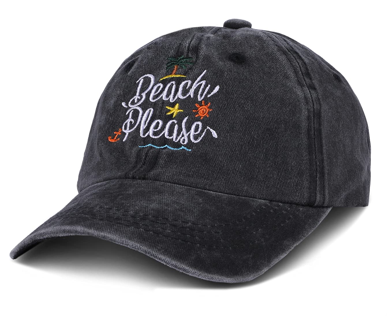 Embroidered Beach Please Baseball Cap Palm Tree Starfish Low Profile Vintage Distressed Washed Denim Dad Hat Adjustable