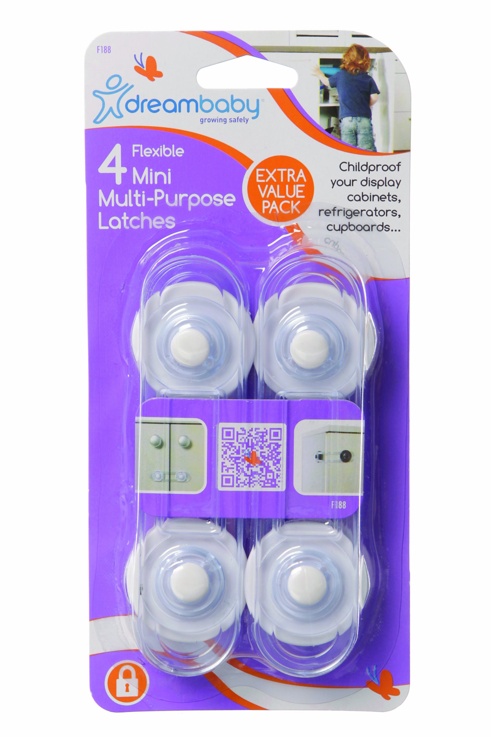 Dreambaby Flexible Mini Multi-Purpose Latches for Cabinets, Drawers, Appliances, Toilets, and More (4 Pack)