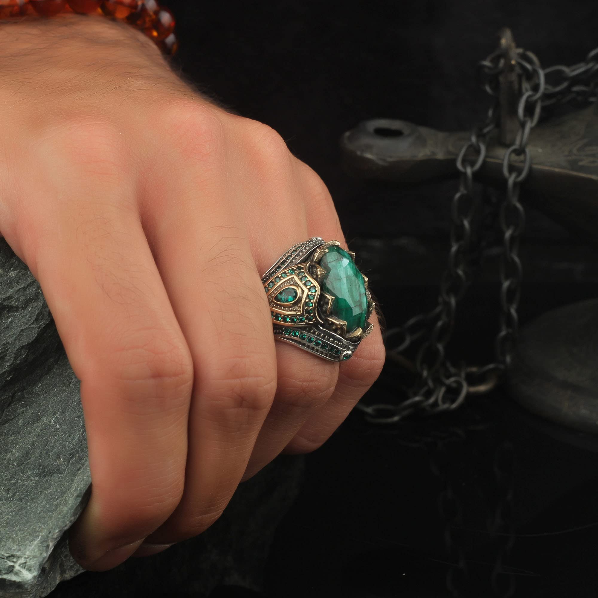 Emerald Stone Men Silver Ring, 925 Sterling Silver Emerald Gemstone Ring, Handmade Engraved Turkish Silver Ring with Natural Emerald Stone gifts for men handmade rings valentines day gifts for him