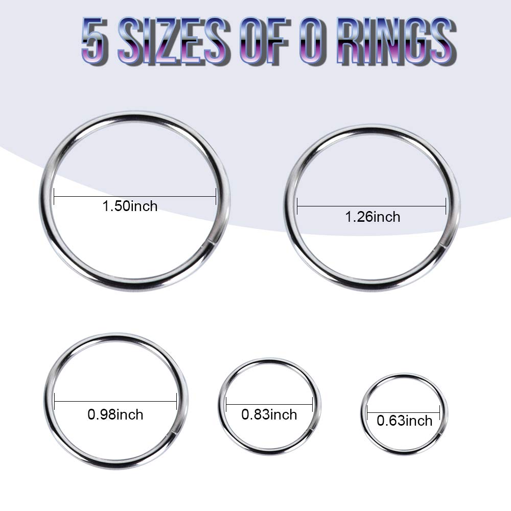 FANDAMEI Metal O Ring,50 Pcs Silver Multi Purpose Metal O Ring for Macrame, Camping, Dog Leashes, Hardware, Bags and More Craft Project - 16mm, 21mm, 25mm, 32mm, 38mm