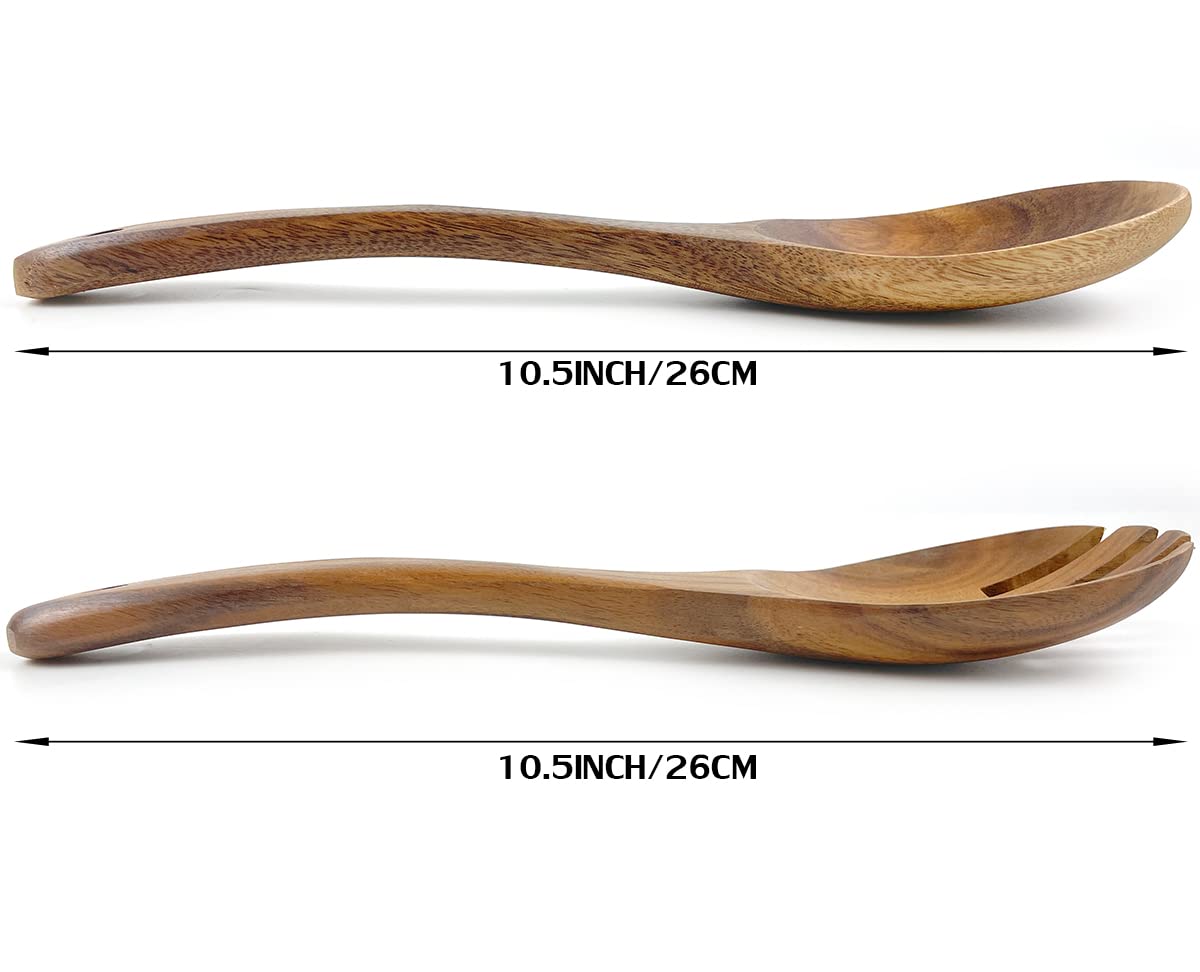 EWEIGEER 10.5-inch Wood Salad Server Acacia Wooden Serving Spoon Fork Set of 2