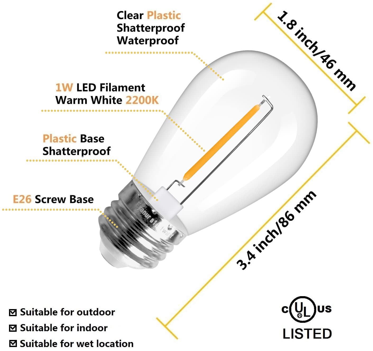 Eyanur15 Pcs Shatterproof & Waterproof S14 Outdoor String Light Bulb–1W S14 led Bulb-Use to Replace 11W, Warm White 2200K,70LM,Plastic Bulbs, E26 Base