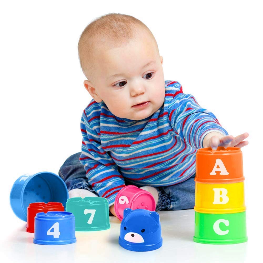 elecnewell Stack Up Cup Toys Rainbow Nesting & Stacking Cups Baby Building Set 9 Pieces Colorful Toy Set for Infants, Toddlers, and Kids
