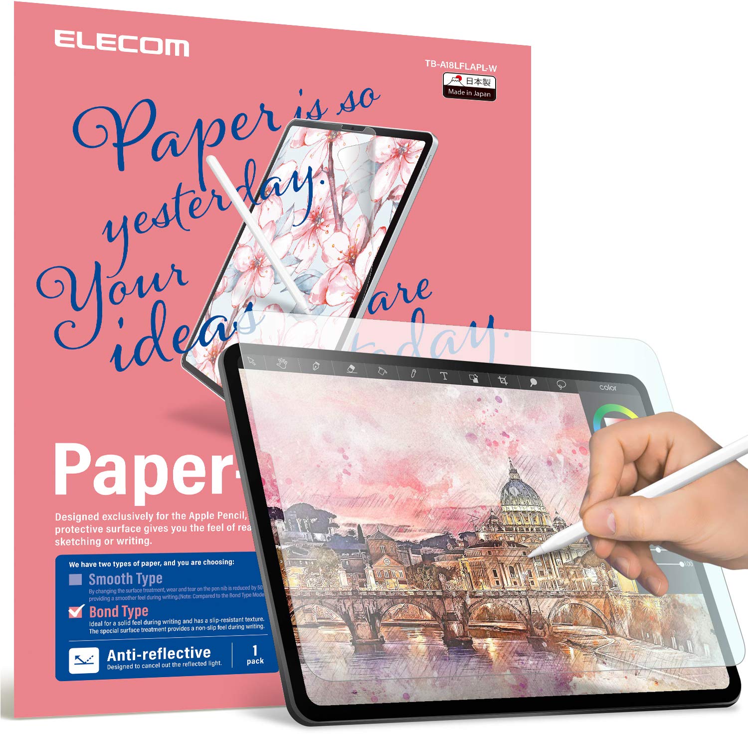 ELECOM Pencil-Feel Screen Protector Designed for Drawing, Anti-Glare Scratch-Resistant Bubble-Free, Compatible with 12.9" iPad Pro 2018/2020 (TB-A18LFLAPL-W)
