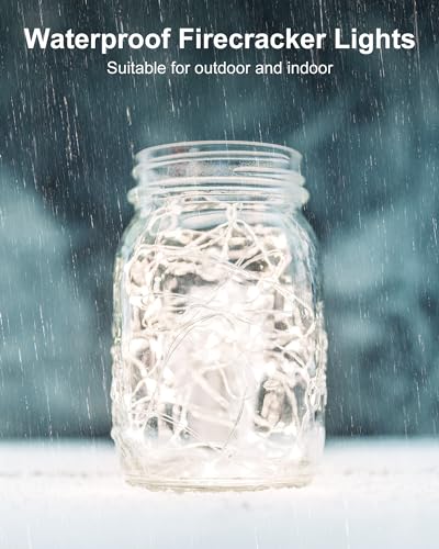 Fairy Lights Battery Operated, Firecracker String Lights Waterproof Silver Wire 5 Feet 60 Led Cluster Starry Lights for DIY Wreath Home Wedding Party Bedroom Mason Jar Holiday Christmas, Pure White