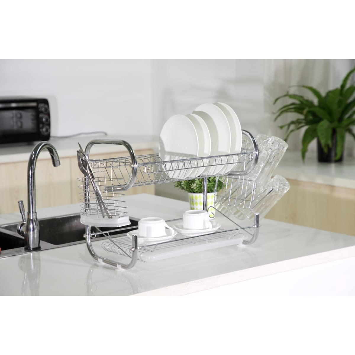 J&V TEXTILES Dish Drying Rack, Stainless Steel 2-Tier Dish Rack with Utensil Holder, Cutting Board Holder and Dish Drainer for Kitchen Counter (23-Inch)