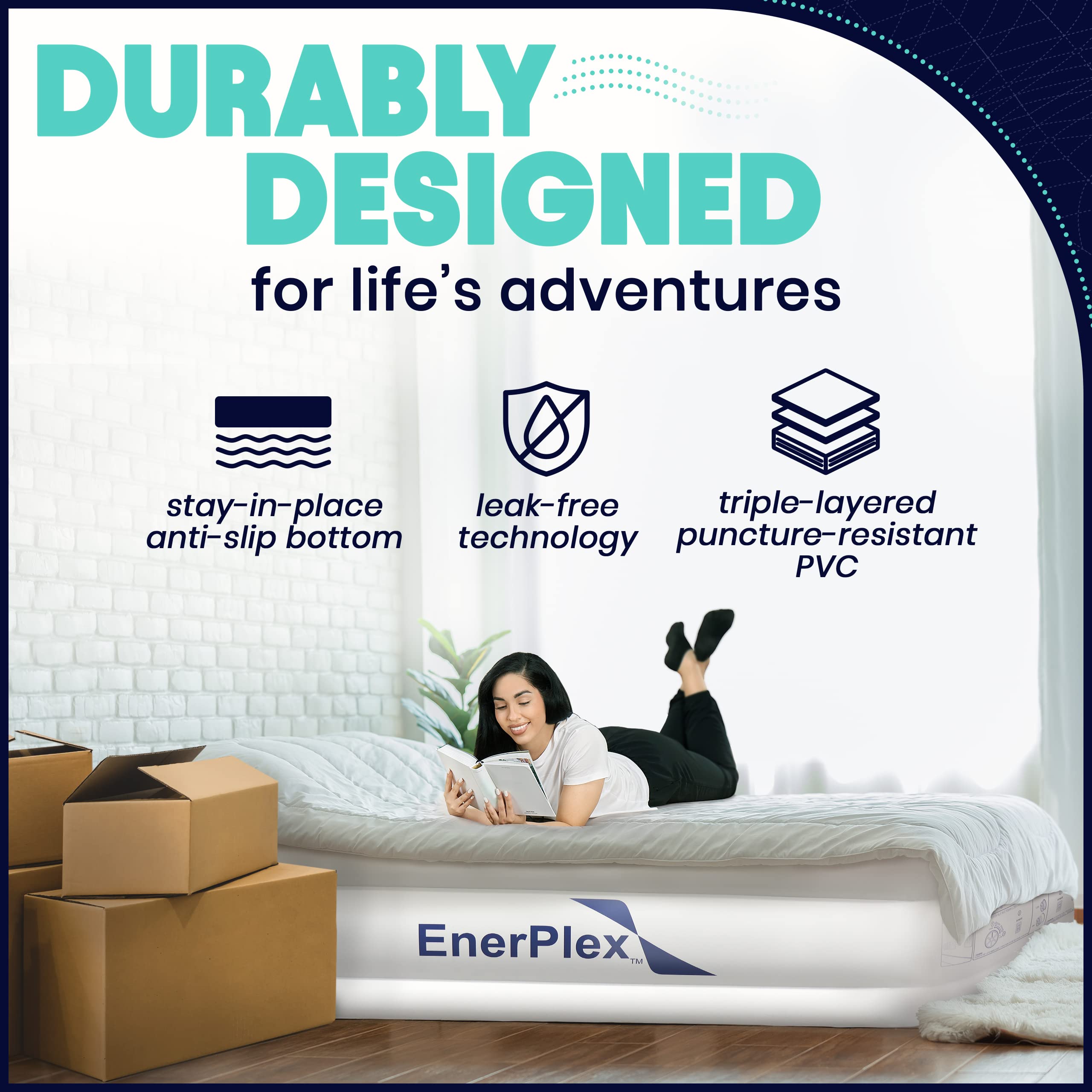 EnerPlex Queen Air Mattress with Built-in Pump - 16 Inch Double Height Inflatable Mattress for Camping, Home & Portable Travel - Durable Blow Up Bed with Dual Pump - Easy to Inflate/Quick Set Up
