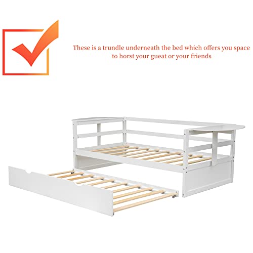 Polibi Twin Size Daybed with Trundle and Foldable Shelves on Both Sides, Wooden Sofa Bed with Wood Frame and Slats, No Spring Box Needed