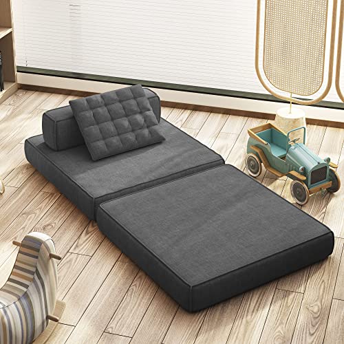 ORRD Modular Fold Sofa Bed, Modern Linen Convertible Sleeper 2 Seater Sectional Couch Tufted Sofa Floor Couch Padded Cushion for Living Room, Bedroom (Grey)