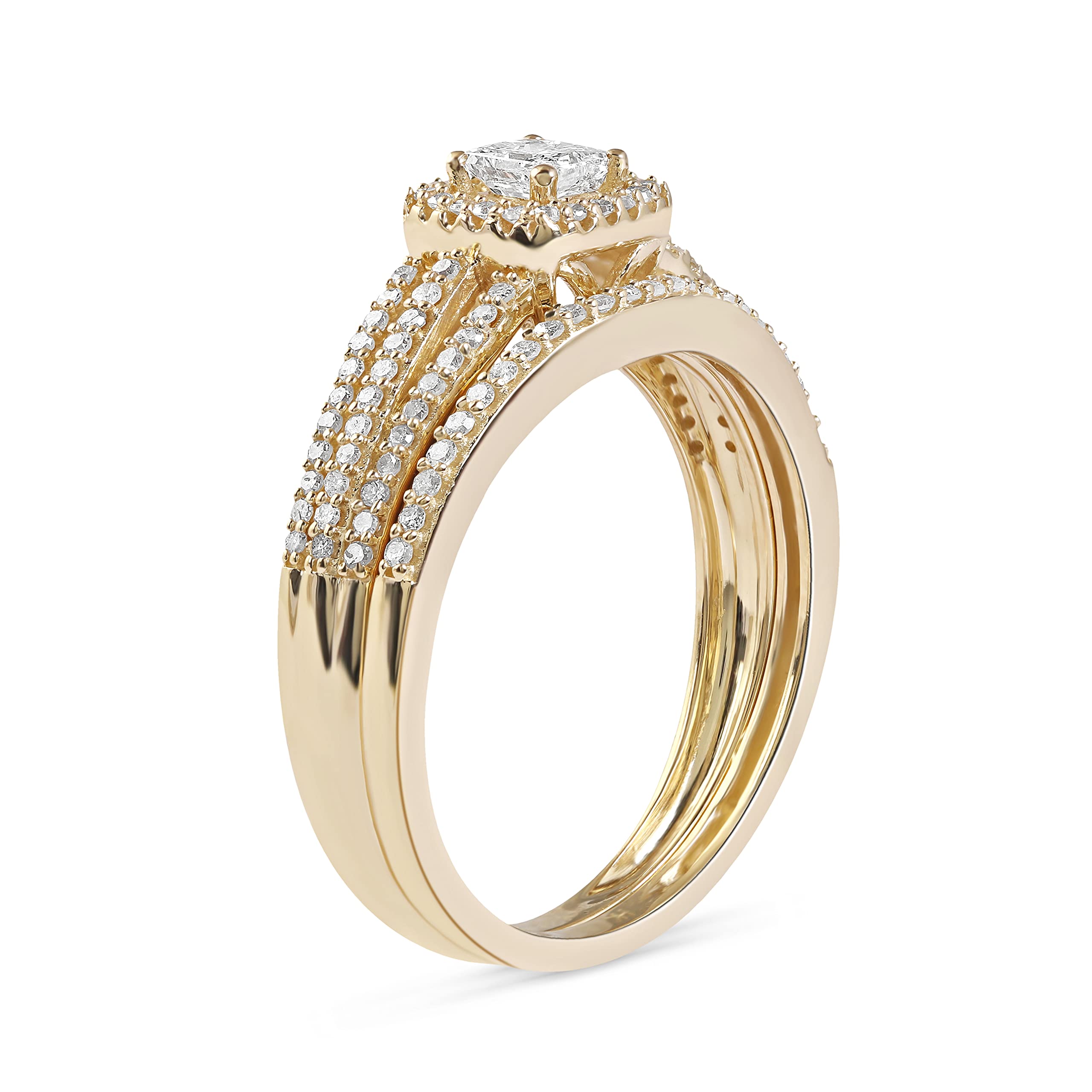 DZON IGI Certified 10k Yellow Gold 1/2 CT TDW Princess & Round Cut Diamond Halo Engagement Ring Set Love Gift for Women(I-J,I2)
