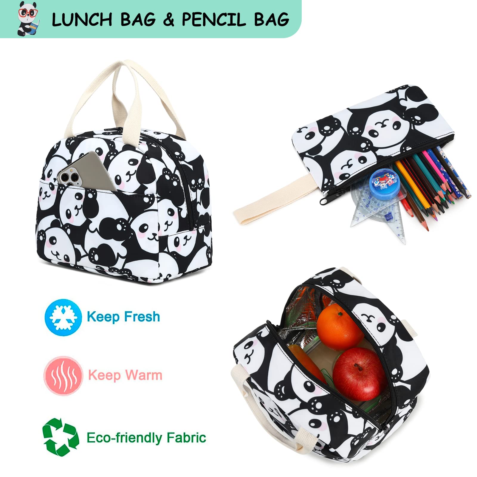 Fuyicat Panda School Backpack Set for Girls, 3-in-1 Kids Teens Elementary Middle School Bags Bookbag with Lunch Bag Pencil Case
