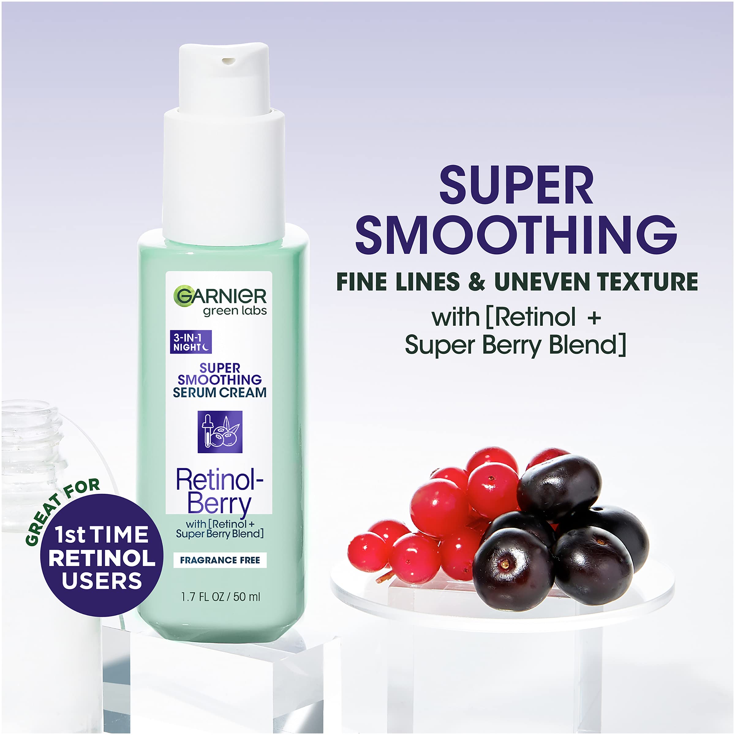 Garnier Green Labs Retinol-Berry Super Smoothing Night Serum Cream Moisturizer, 3-in-1 Retinol Serum, Night Cream, Eye Cream, 1 kit