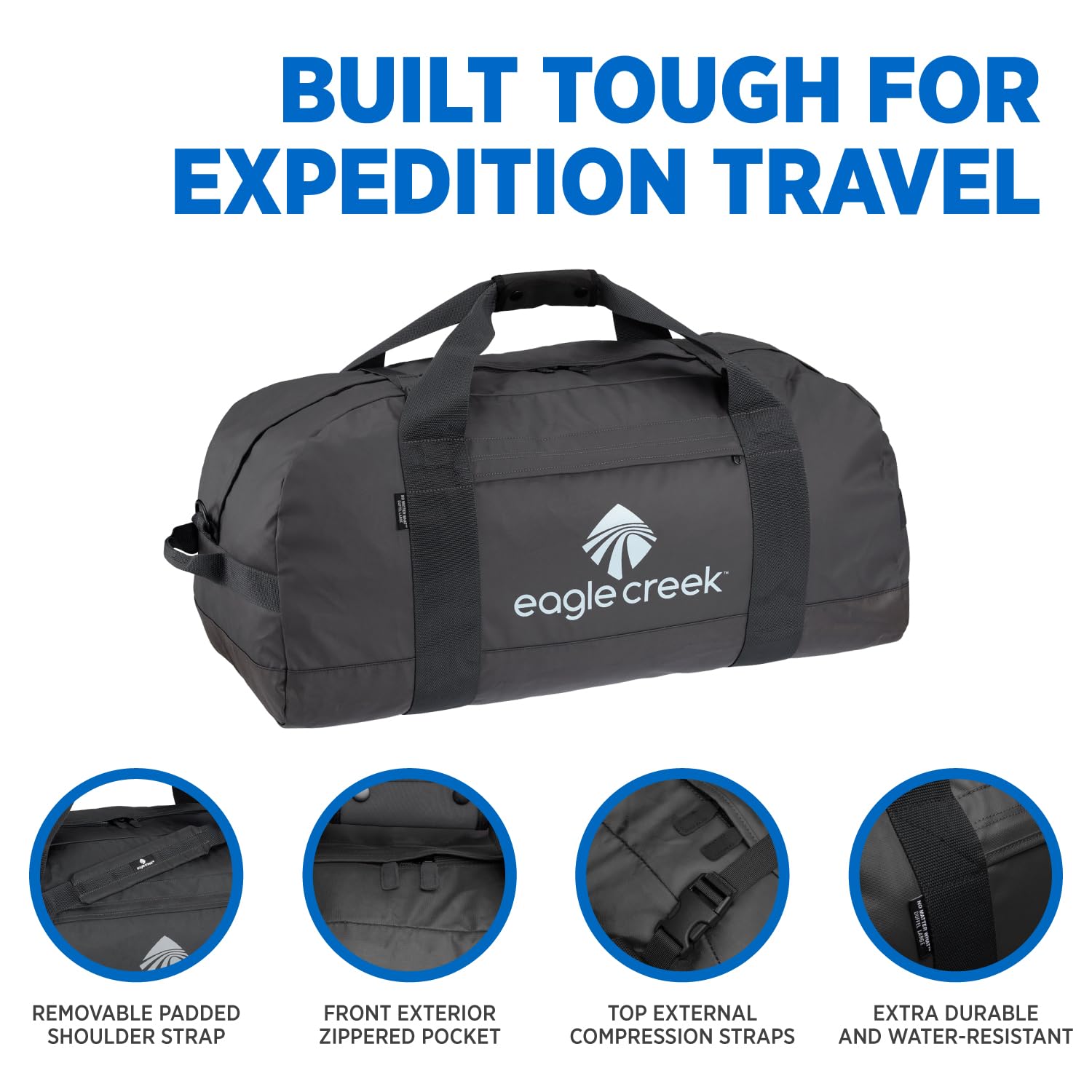 Eagle Creek No Matter What 90L Duffle Bag for Travel - Durable and Water-Resistant, with Removable Shoulder Strap, Compression Straps, and Storage Pouch, Jet Black - L