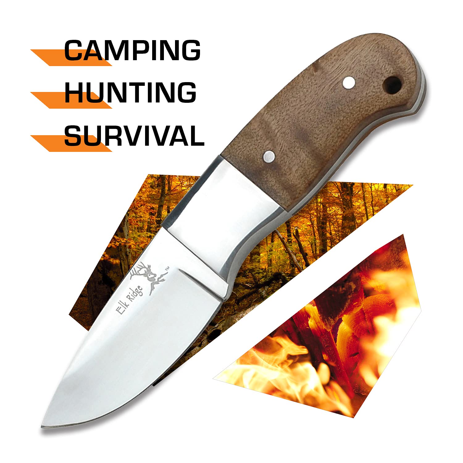 Elk Ridge - Outdoors Fixed Blade Knife - 5-in Overall, 440 Stainless Steel Mirror Polished Blade, Burl Wood Handle, Leather Sheath - Hunting, Camping, Survival, Everday - ER-111