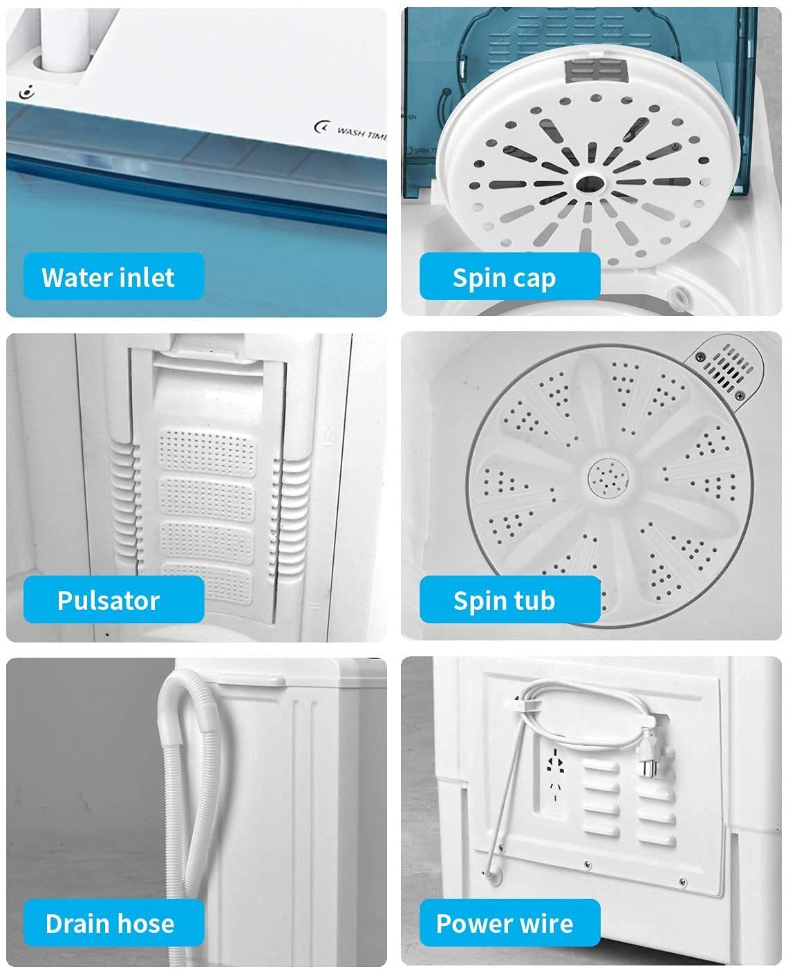 Twin Tub Portable Mini Washing Machine 26lbs Capacity, Compact Washer(18lbs)&Spiner(8lbs)/Built-in Drain Pump/Semi-Automatic (White&Blue)
