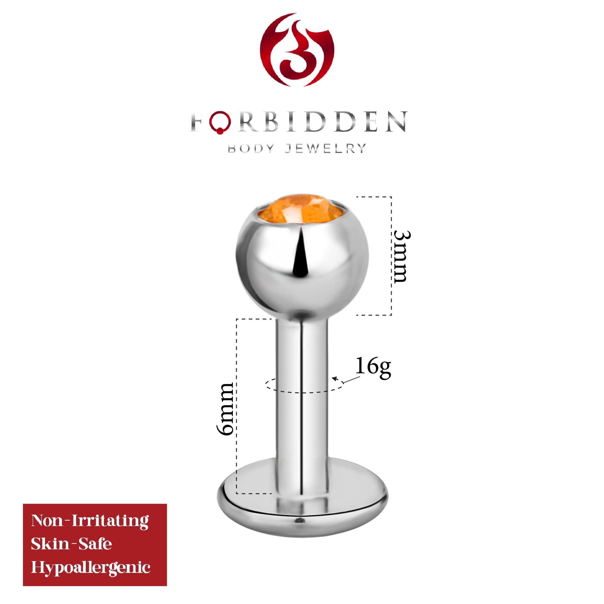 Forbidden Body Jewelry 16g 6mm Surgical Steel Tragus Earring, Helix Earring and Labret Piercing Stud, 3mm Topaz CZ Top