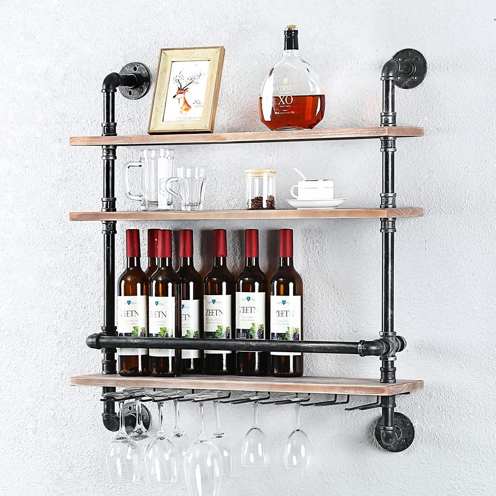 Industrial Hanging Wine Glass Rack Wall Mounted,30in Pipe Shelf Wine Rack with 7 Glass Holder,Rustic Wine Glass Holder Stemware Racks,Pipe Shelving Wood Shelves Floating Wine Glass Shelf