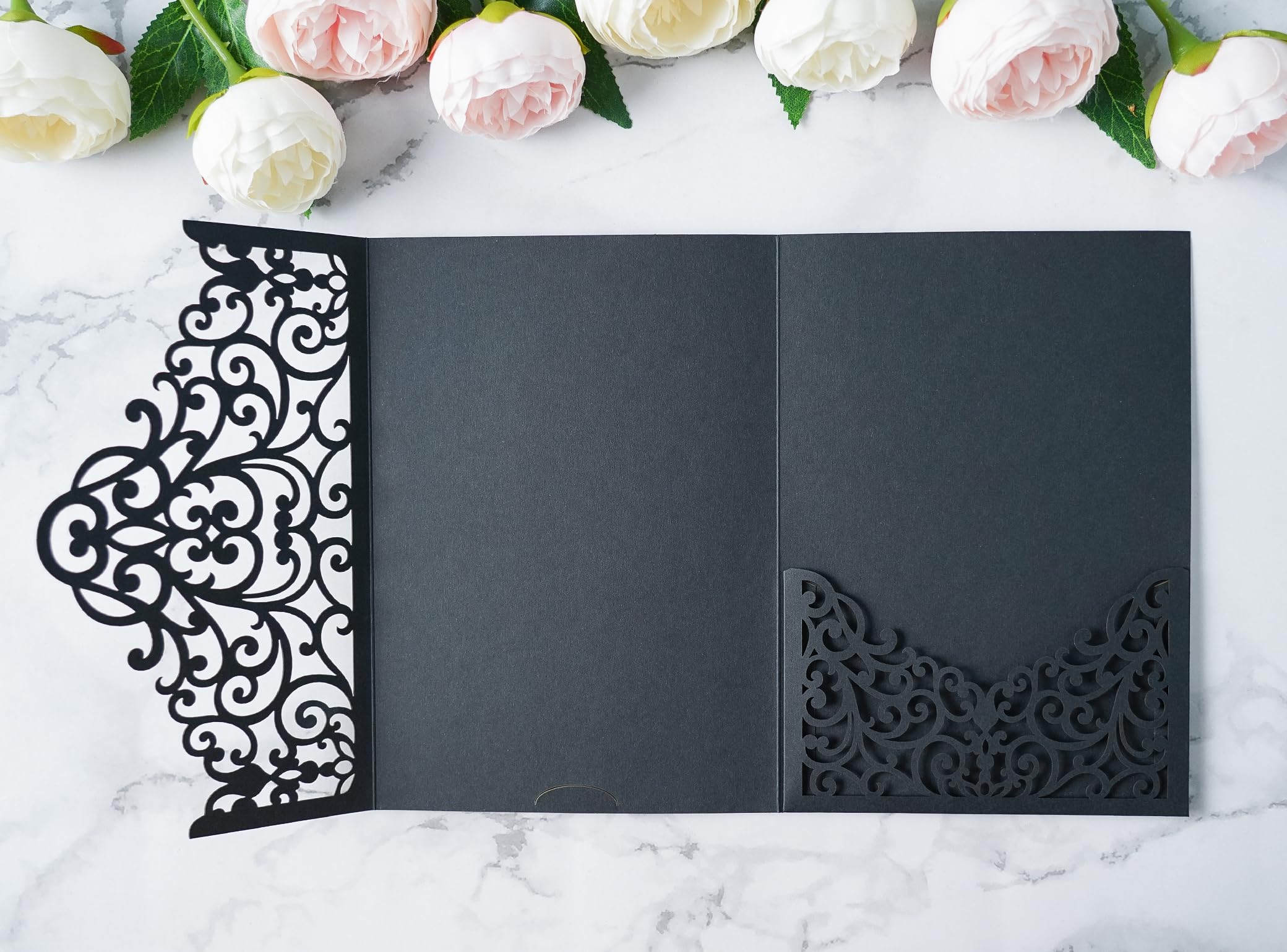 ponatia 20PCS Black Laser Cut Wedding Invitations Pockets, Tri-fold 5x7 Laser Cut Invitation Pockets for Wedding Bridal Shower Quinceanera 15 Anos Invite (No Envelopes & Inner Sheets)