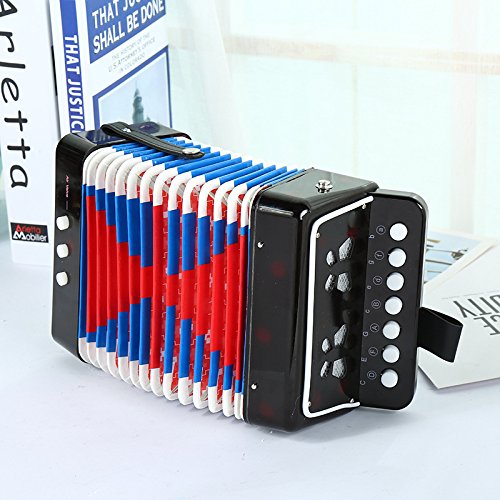 Elloapic Childrenâs Kids' Accordion Keyboard Instruments with 7 Treble Keys, 3 Air Valves, Hand Strap, Early Learning Eduction Instrument Music Toy Black