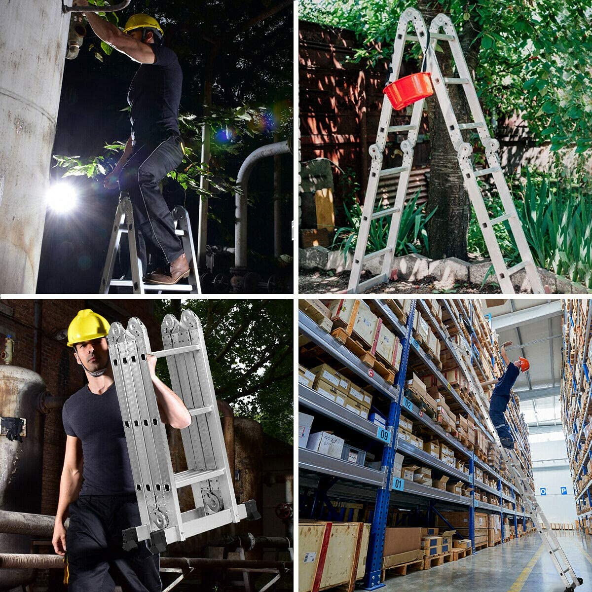 ERGOMASTER Extension Ladder 7 in 1 Aluminum Folding Step Ladders Adjustable Telescoping Multi Position Ladder for Home Stairs Roof Warehouse 330lbs(12.2 Feet)