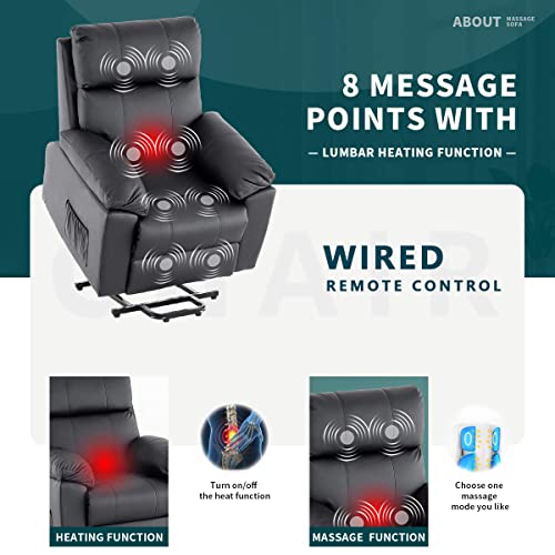 EROMMY Power Lift Recliner Chair, PU Leather Recliner with Massage and Heat for Elderly, Side Pocket, Wired Remote Control, Black