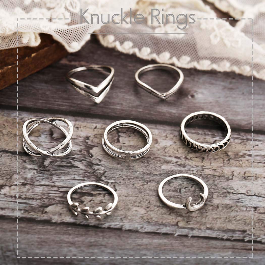 Evazen Boho Leaf Moon Knuckle Rings Vintage Silver Joint Knuckle Mid Ring Set with Crescent for Women and Girls (Set A)