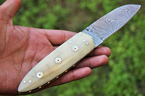 DKC Knives (3 7/18) DKC-71 DUCK POND BONE Damascus Folding Pocket Knife 5" Folded,8.5" Open 8 Oz very solid sophisticated knife. Mallard Duck Hunting Custom Engraved