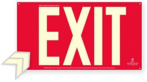 OSHA 100 ft Photoluminescent Exit Sign | UV Inks on Aluminum | HEAT Resistant | COLD Tolerant | WEATHER Proof. (Directional Arrows Included) | NightBright USA Part Number LDR-100