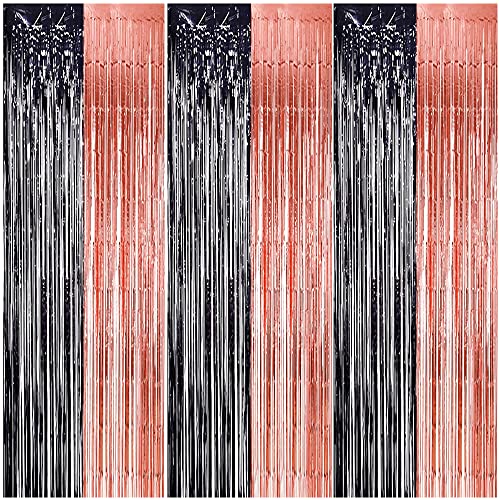 Rose Gold and Black Birthday Decorations, Black Rose Gold Party Supplies Foil Fringe Curtains Photo Backdrop for Graduation Wedding Bachelorette Birthday Party Decorations (3 Pack)