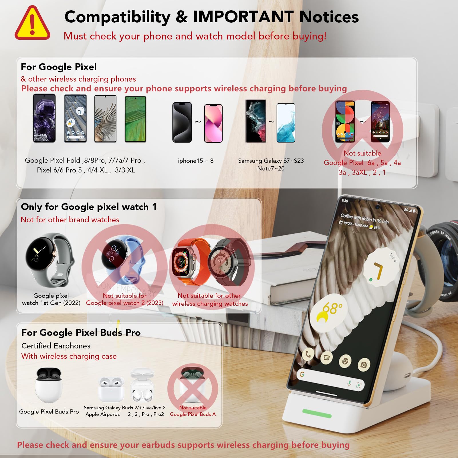 EloBeth Wireless Charging Station, 3 in 1 for Google Pixel Products, QC3.0 18W, Compatible with Pixel 8 Pro/8/7 Pro/7/Fold/6/6 Pro/5/4/3/XL, Watch, Buds Pro, iPhone/Airpods (not Watch 2)
