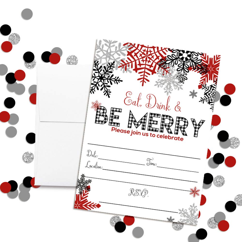 Eat Drink & Be Merry Snowflake Christmas Holiday Party Invitations, 20 5"x7" Fill In Cards with Twenty White Envelopes by AmandaCreation