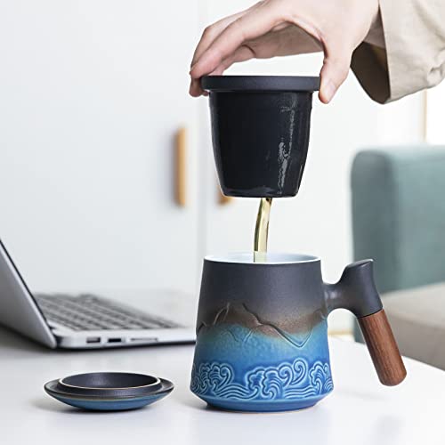 MAXJOY Tea Cup with Infuser and Lid,15.2 OZ Large Loose Leaf Tea Cup,Ceramic Tea Steeping Mug with Rosewood Handle,Black & Blue