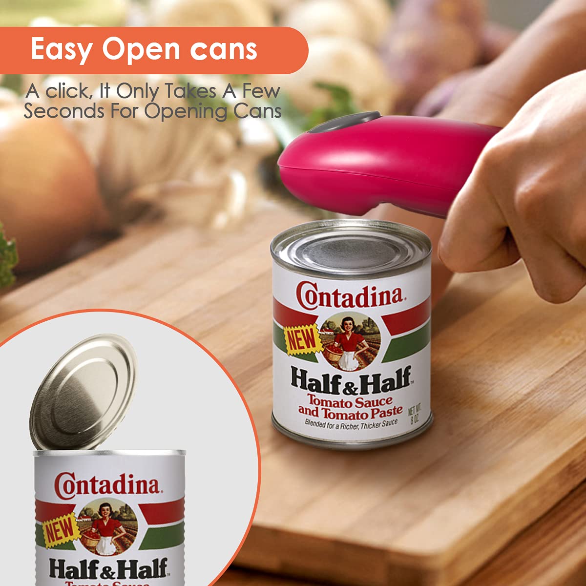 Electric Can Opener,Hand Held One-Touch Can Opener Smooth Edge Fits Almost All Can Sizes for kitchen,Food Safe Battery Can Opener Wine Red